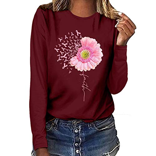 Women Breast Cancer Awareness Shirt Pink Ribbon Rose Graphic Tee Shirt Long Sleeve Pullover Tops Fall Sweatshirts
