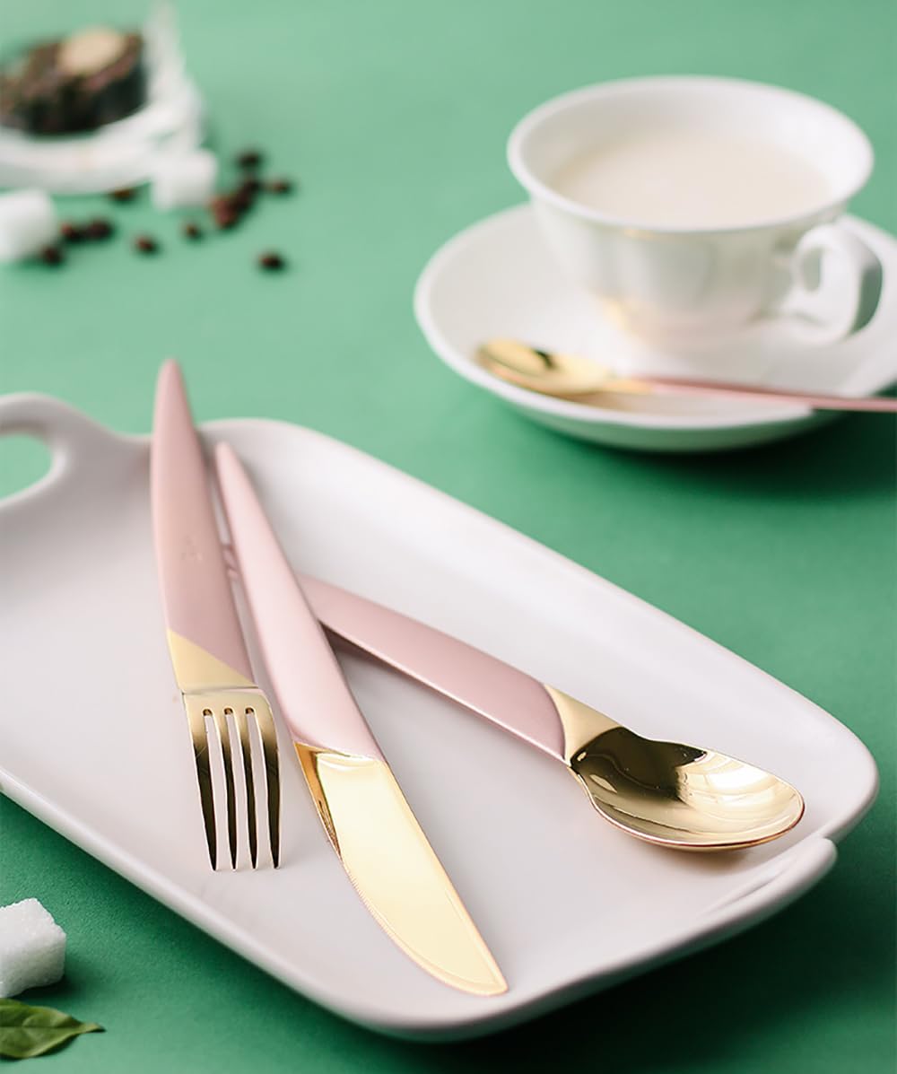 Taiyoko Silverware Set Pink Gold Flatware Unique 24-Piece Stainless Steel Black Cutlery Mirror Polished Kitchen Utensils Tableware Service with Steak Knives Dinner Fork Knife Spoon