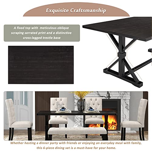 Goohome 6-Piece Farmhouse Kitchen Dining Set, Mid-Century Wood Rectangular Table, 4 Flannelette Upholstered Chairs and Bench Family Furniture, for Home, Apartment, Espresso