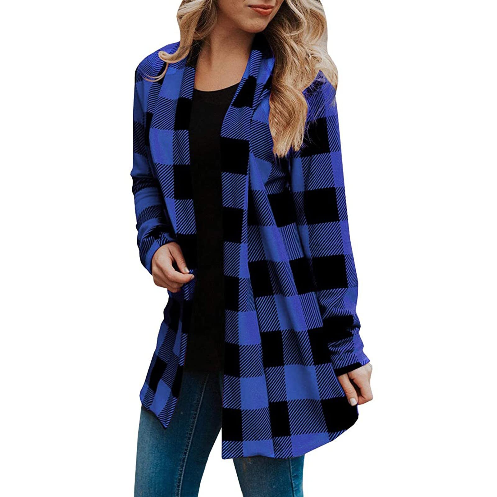 Women's Long Sleeve Open Front Cardigan Buffalo Plaid Knitted Tops Shirts Blue