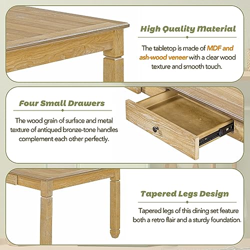 72'L Rectangular Dining Table Set for 6, Wooden Kitchen Table Set with 4 Drawers, 4 Upholstered Chairs & 1 Bench 6-Piece Retro Dining Room Table Set Kitchen Furniture Set for Family, Natural Wood Wash