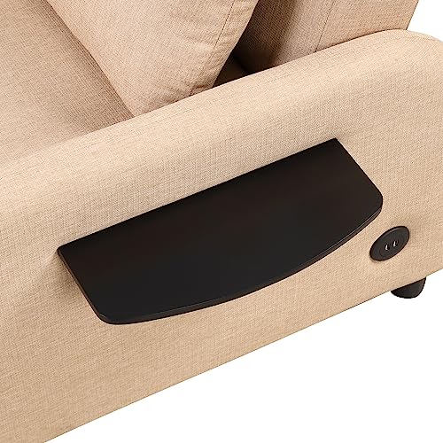 Verfur 3-in-1 Convertible Sofa Bed w/Wing Table and USB Charge, Multi-Functional Velvet Sleeper Futon Couch Pull-Out Sofabed, 41.5'' Loveseat Chaise Lounge for Living Room, Small Space, Beige