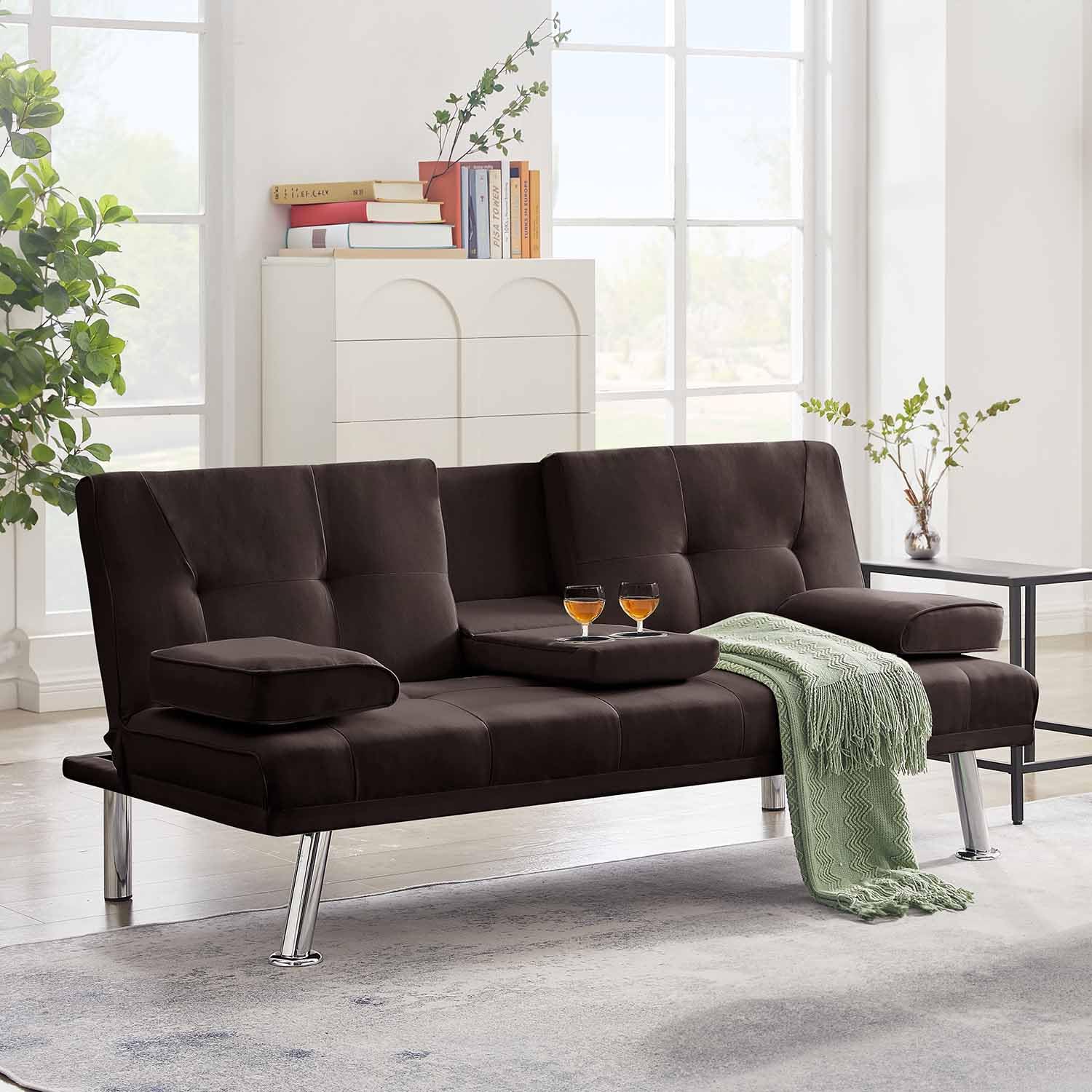 100% Fabric Linen Upholstered Futon Sofa Bed with 2 Cupholders/Legs/Removable Armrest, Modern Convertible Sleeper Couch, Upholstered Loveseat for Small Spaces, Memory Foam Living Seat, Brown
