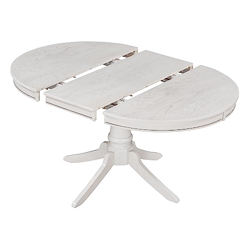 HAUSHECK Round 4-Extendable Table and Upholstered Chairs, Soft Padded Cushion, Modern Multifunctional Rustic Style Home Furniture, 5-Pieces Kitchen & Dining Room Sets, Antique White
