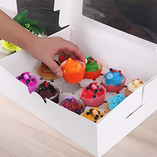 [15-Packs] White Cupcake Boxes 12 Holders Standard Cupcakes, Cupcake Containers Carrie Holders for Cookies, Muffins and Pastries13.8 x 9.5 x 4inch with Inserts and PVC Windows