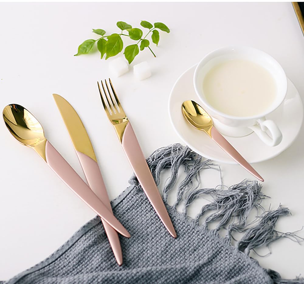 Taiyoko Silverware Set Pink Gold Flatware Unique 24-Piece Stainless Steel Black Cutlery Mirror Polished Kitchen Utensils Tableware Service with Steak Knives Dinner Fork Knife Spoon