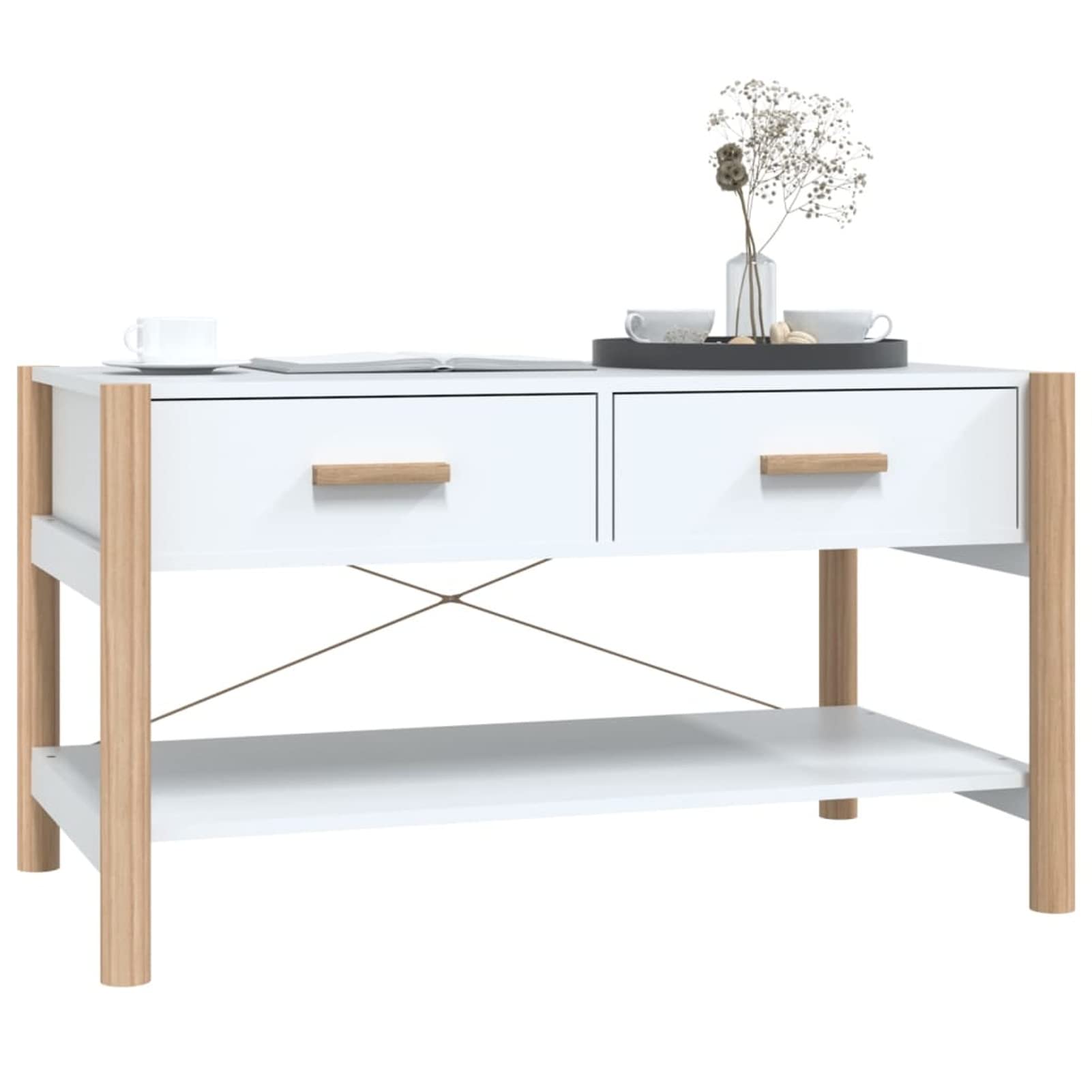 Tidyard Coffee Table with 2 Storage Drawers and Shelf, Engineered Wood Sofa Side Table, Wooden Couch End Table for Living Room 32.3 x 18.9 x 17.7 in White Small Space