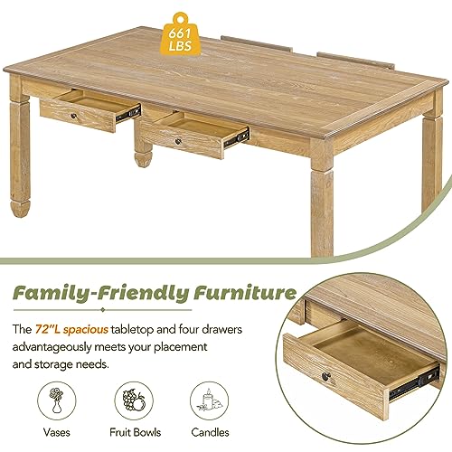 72'L Rectangular Dining Table Set for 6, Wooden Kitchen Table Set with 4 Drawers, 4 Upholstered Chairs & 1 Bench 6-Piece Retro Dining Room Table Set Kitchen Furniture Set for Family, Natural Wood Wash