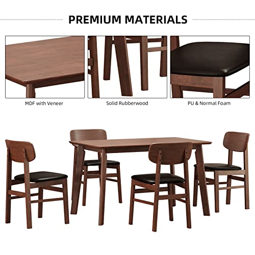 RUNWON 5 Pieces Rustic Retro Kitchen Set with 1 Dining Table and 4 Chairs, Antique Brown
