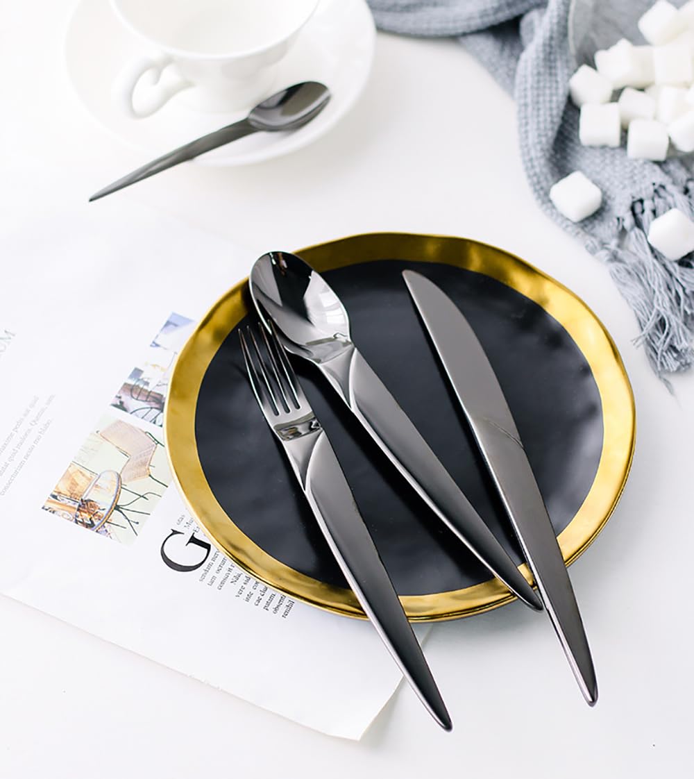 Taiyoko Silverware Set Pink Gold Flatware Unique 24-Piece Stainless Steel Black Cutlery Mirror Polished Kitchen Utensils Tableware Service with Steak Knives Dinner Fork Knife Spoon