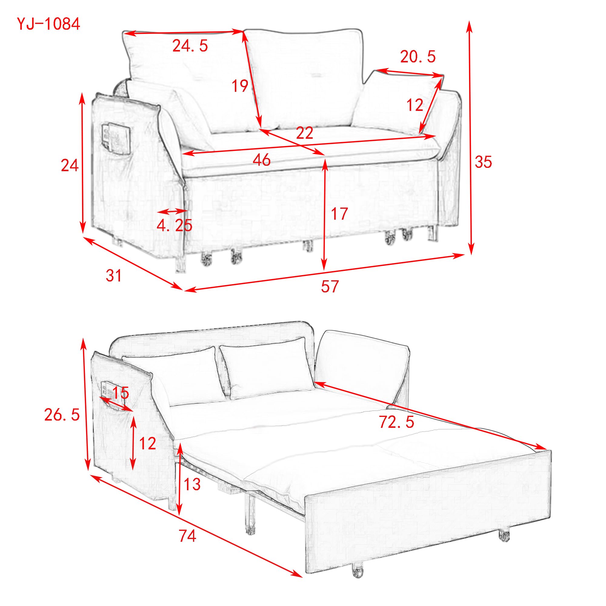 Ucloveria Pull Out Couch Sofabed, Grey