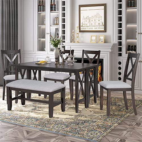 FIQHOME 6 Piece Set, Rustic Farmhouse Dining Room Foldable Table with 4 Upholstered Chairs and Bench, Solid Wood Kitchen Persons,Espresso