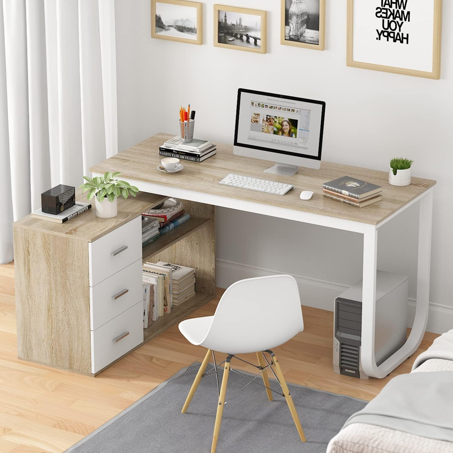 Computer Desk for Home and Office Corner Desk with 3 Drawers and 2 Shelves, 55 Inch Large L-Shaped Computer Disk and Writing Table - Walnut