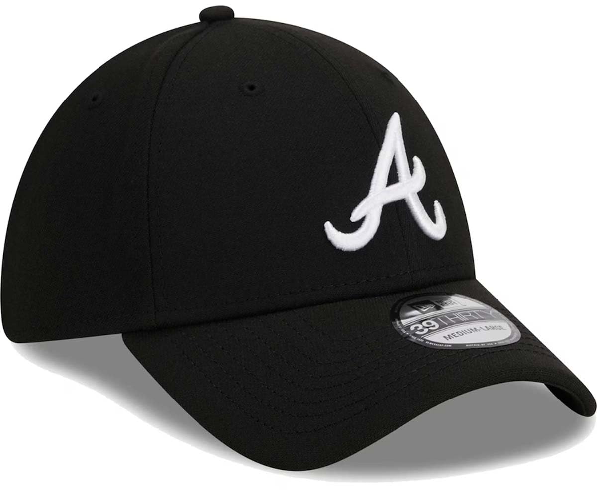 Authentic MLB Atlanta Braves White Logo Black Hat 39Thirty Flex Fit Hat Cap (Medium/Large)