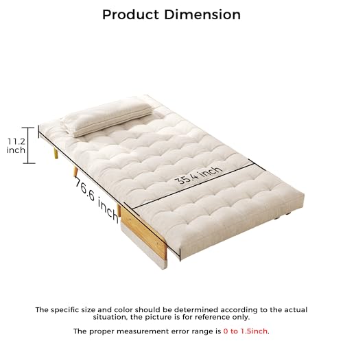 JASIWAY 3-in-1 Convertible Chair Bed Sleeper for Adults, Linen Convertable Sleeper Chair with Wooden Arms & Pillows, Foldable Single Futon Sofa Bed for Small Spaces, Mid Century, 76.6" D x 36.6" W