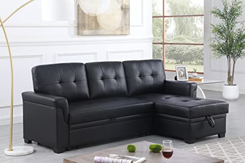Evedy Reversible Sleeper Sectional Sofa with Storage Chaise,Living Room Furniture Set,L-Shaped Couch with Pull-Out Sofa Bed,PU Leather Upholstered Sofas & Couches for Apartment/Lounge-Black