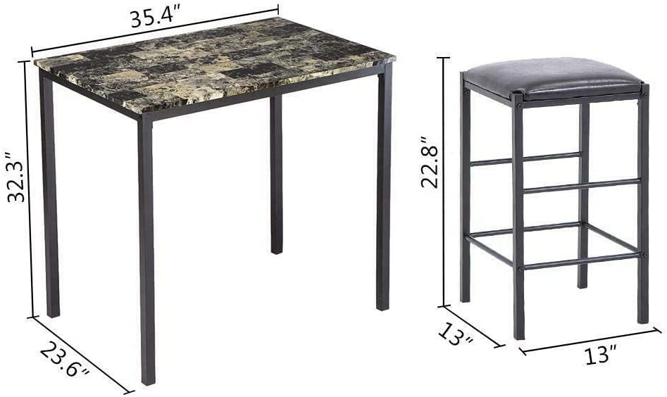 Dining Chair Modern Classic Black Style 3 PCS Counter Height Set Table 2 Kitchen Bar Furniture Thick Sturdy Suitable for Your Luxury Place Elegant Touch Stylish Dinner Room Home Office Restaurant QZPU