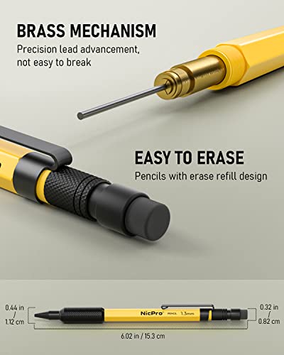 Nicpro 3 PCS 1.3 mm Mechanical Pencils Set with 36 Lead Refill, 3 Eraser - Weatherproof Metal Barrel, Heavy Duty Carpenter Pencil for Outdoor Marking Drafting Drawing Sketching Woodworking - with Case