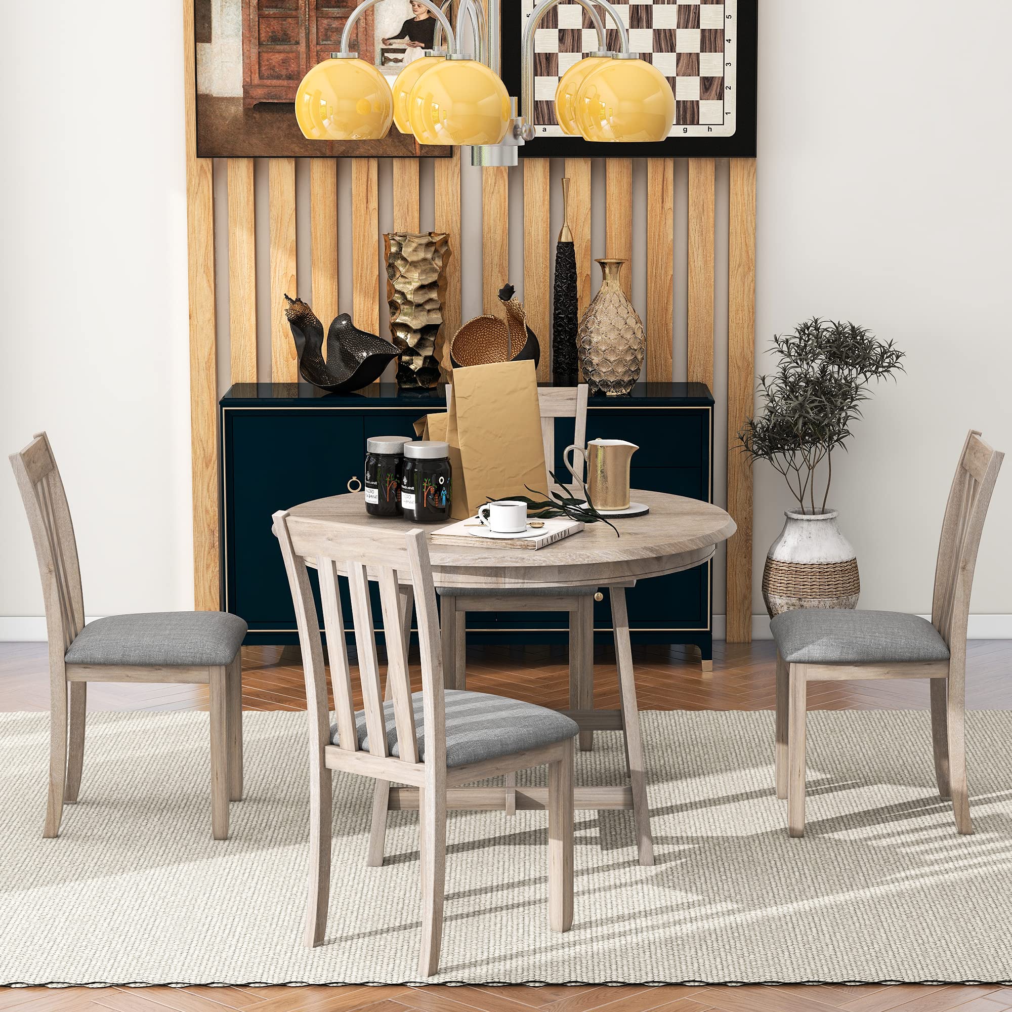 FIQHOME 5-Piece, Round Extendable Upholstered Chairs, Table Set for 4 Person for Dining Room (Natural Wood Wash)