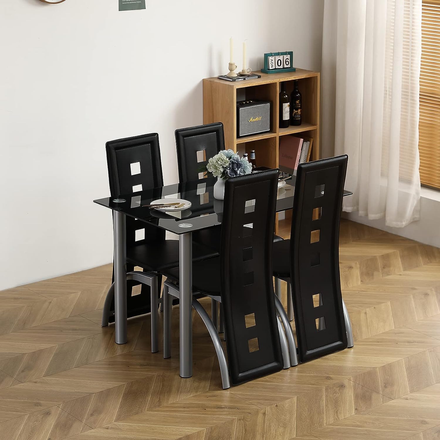 Kootlena 5 Piece Black Modern Glass Dining Table Set for 4, 43" x 27.6" x 28.9" Rectangular Tempered Glass Table with 4 PVC Leather Chairs