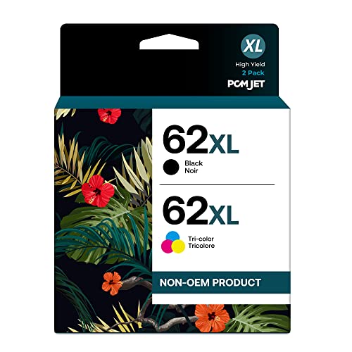 PCMJET 62XL Remanufactured Ink Cartridge Replacement for 62 XL to use with Envy 5540 5640 5660 7644 7645 OfficeJet 5740 8040 OfficeJet 200 250 Series Printer (1 Black, 1 Tri-Color, 2-Pack)