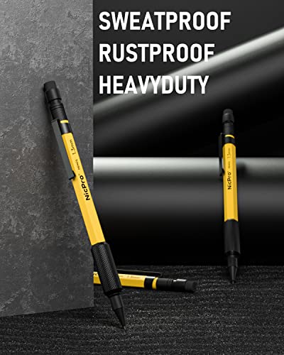 Nicpro 3 PCS 1.3 mm Mechanical Pencils Set with 36 Lead Refill, 3 Eraser - Weatherproof Metal Barrel, Heavy Duty Carpenter Pencil for Outdoor Marking Drafting Drawing Sketching Woodworking - with Case