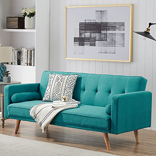 ERYE Turquoise 3-in-1 Upholstered Futon Loveseat Convertible Sleeper Bed,2-Seaters Sofa & Couch Soft Cushions Love Seat Daybed for Small Space Living Room Napping Linen w/2 Pillows, Twin