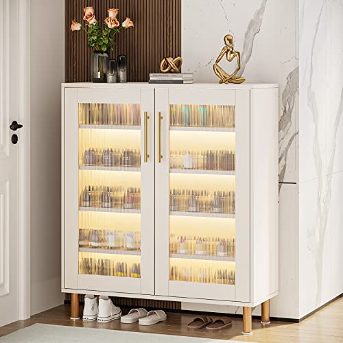 Tribesigns Shoe Cabinet with Acrylic Doors and LED Light, 24 Pairs Entryway Shoe Organizer Storage Rack with 5-Tier Adjustable Shelves for Narrow Closet, Hallway, Living Room (White & Gold)
