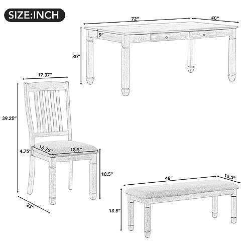72'L Rectangular Dining Table Set for 6, Wooden Kitchen Table Set with 4 Drawers, 4 Upholstered Chairs & 1 Bench 6-Piece Retro Dining Room Table Set Kitchen Furniture Set for Family, Natural Wood Wash