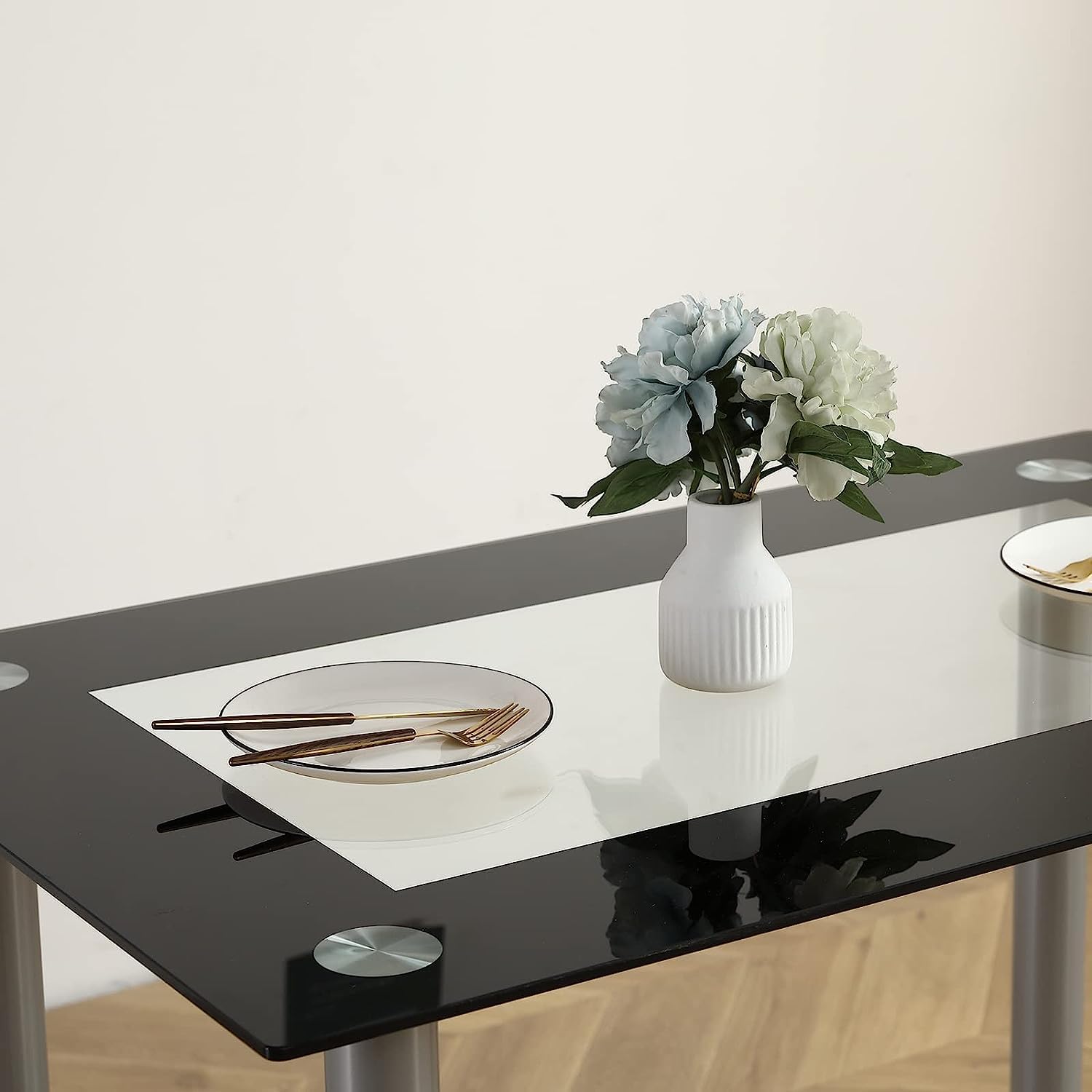 Kootlena 5 Piece Black Modern Glass Dining Table Set for 4, 43" x 27.6" x 28.9" Rectangular Tempered Glass Table with 4 PVC Leather Chairs