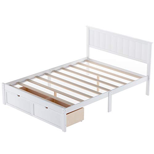 FIQHOME Twin Size Platform Bed with Under-Bed Drawer,Bed Frame with 1 Storage Drawers,Simple Style Wood Twin Bed Frame,No Box Spring Needed,White