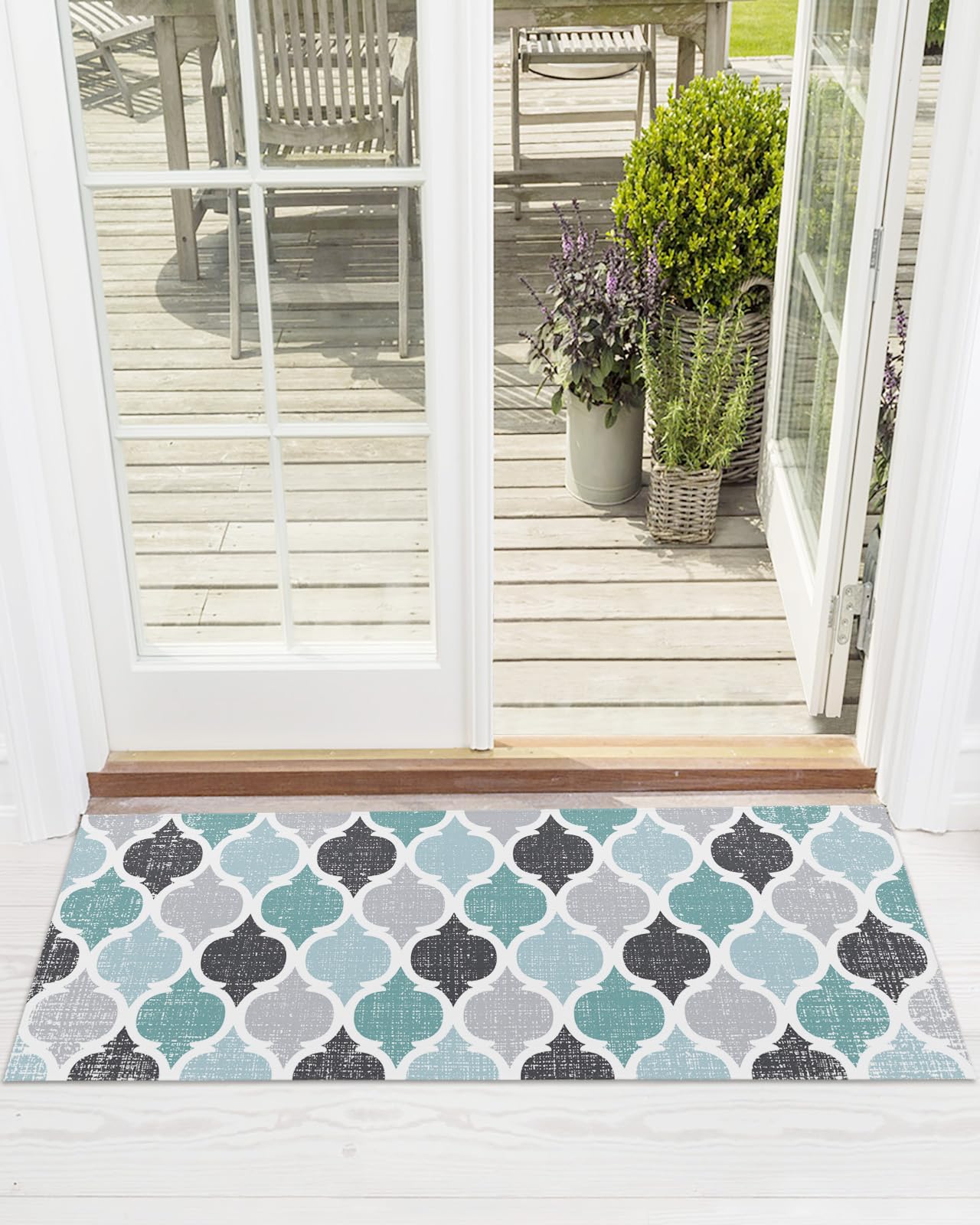 Front Door Mat, Non - Slip Absorbent Long Door Entry Mats, Doormats Indoor/Outdoor Entrance Rugs, Retro Geometric Morocco Tile Pattern Print Doormat - Easy to Clean Floor Mats for Home 16x47 Inch