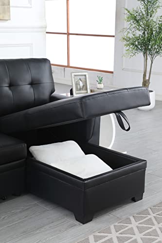 Evedy Reversible Sleeper Sectional Sofa with Storage Chaise,Living Room Furniture Set,L-Shaped Couch with Pull-Out Sofa Bed,PU Leather Upholstered Sofas & Couches for Apartment/Lounge-Black