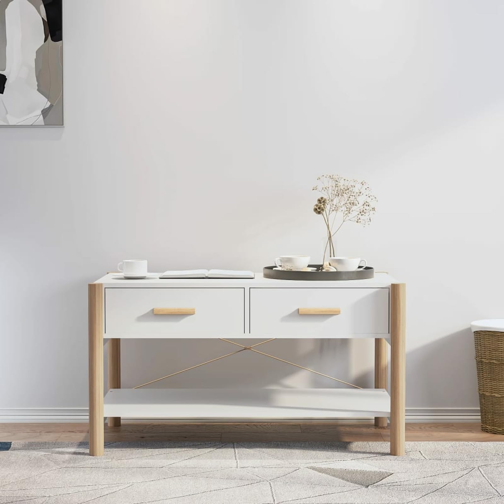 Tidyard Coffee Table with 2 Storage Drawers and Shelf, Engineered Wood Sofa Side Table, Wooden Couch End Table for Living Room 32.3 x 18.9 x 17.7 in White Small Space