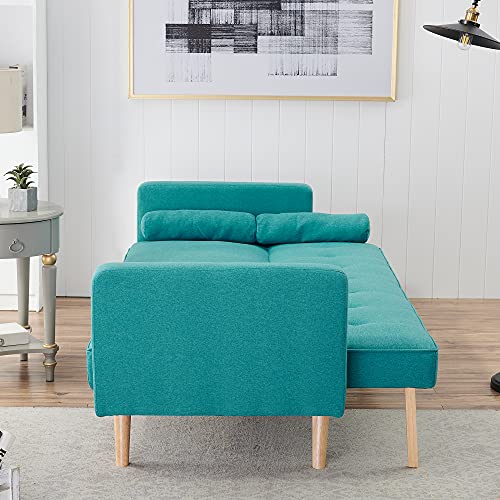 ERYE Turquoise 3-in-1 Upholstered Futon Loveseat Convertible Sleeper Bed,2-Seaters Sofa & Couch Soft Cushions Love Seat Daybed for Small Space Living Room Napping Linen w/2 Pillows, Twin