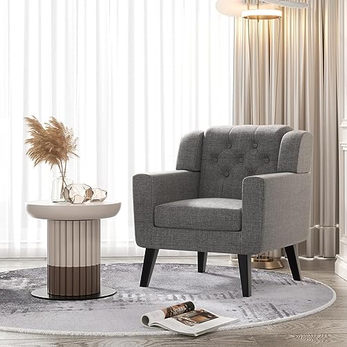 Accent Chair Living Room Chairs Single Sofa Chair, Accent Chairs Arm Chairs with Button Tufted Linen Fabric, Mid Century Accent Arm Chairs Comfy Reading Lounge Club Armchair for Bedroom Office Study