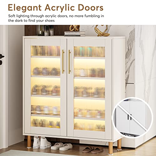 Tribesigns Shoe Cabinet with Acrylic Doors and LED Light, 24 Pairs Entryway Shoe Organizer Storage Rack with 5-Tier Adjustable Shelves for Narrow Closet, Hallway, Living Room (White & Gold)