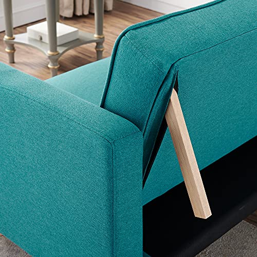 ERYE Turquoise 3-in-1 Upholstered Futon Loveseat Convertible Sleeper Bed,2-Seaters Sofa & Couch Soft Cushions Love Seat Daybed for Small Space Living Room Napping Linen w/2 Pillows, Twin