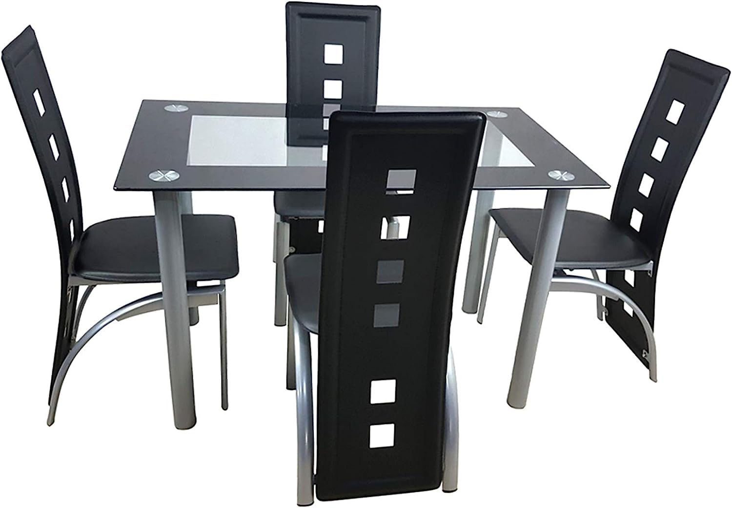 Kootlena 5 Piece Black Modern Glass Dining Table Set for 4, 43" x 27.6" x 28.9" Rectangular Tempered Glass Table with 4 PVC Leather Chairs