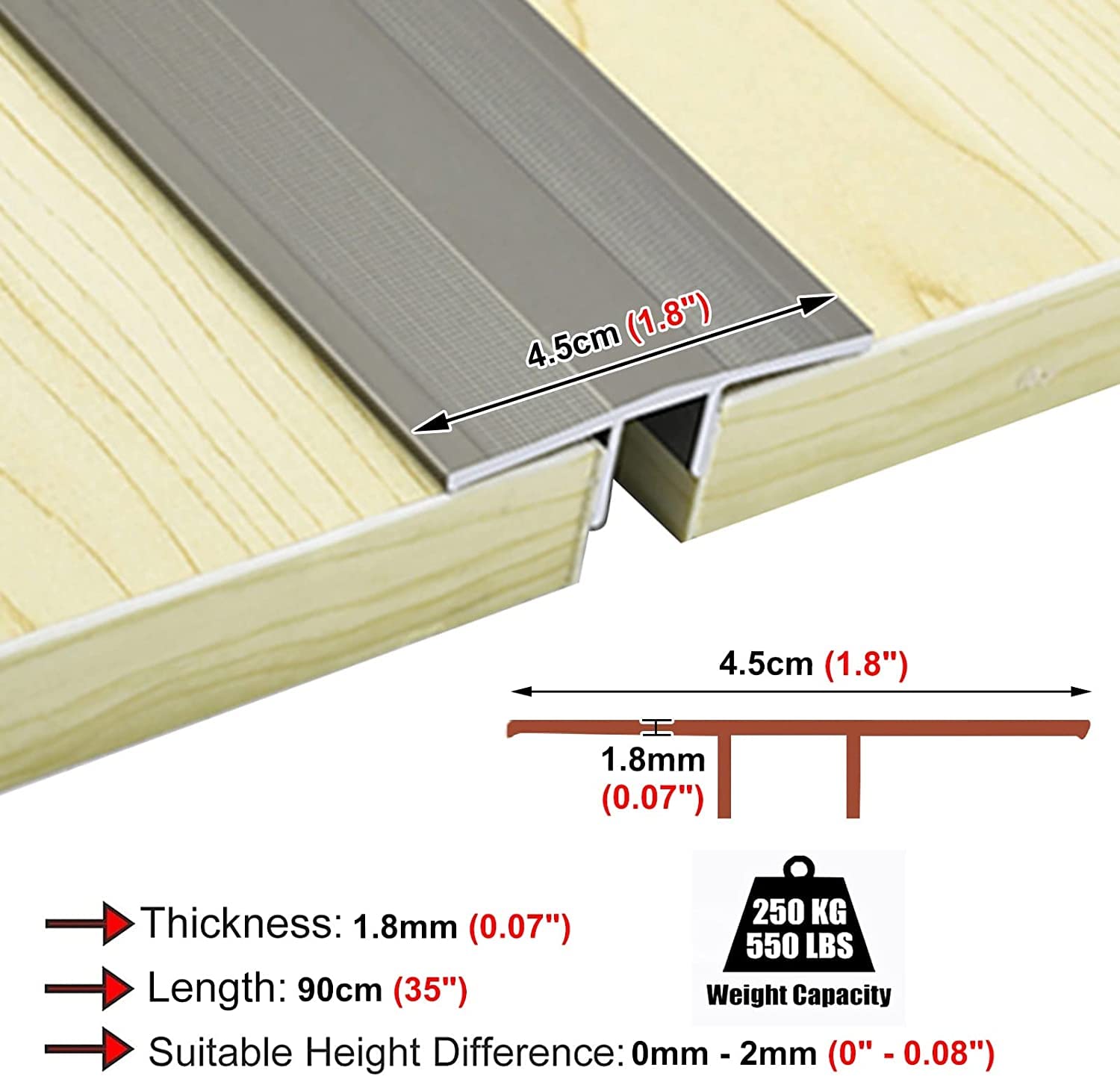 FURLOU T-Shaped Threshold Strips Flooring Transition Strip Non-Slip Transition Bars Floor Reducer Vinyl Edge Trim for Interior Doors