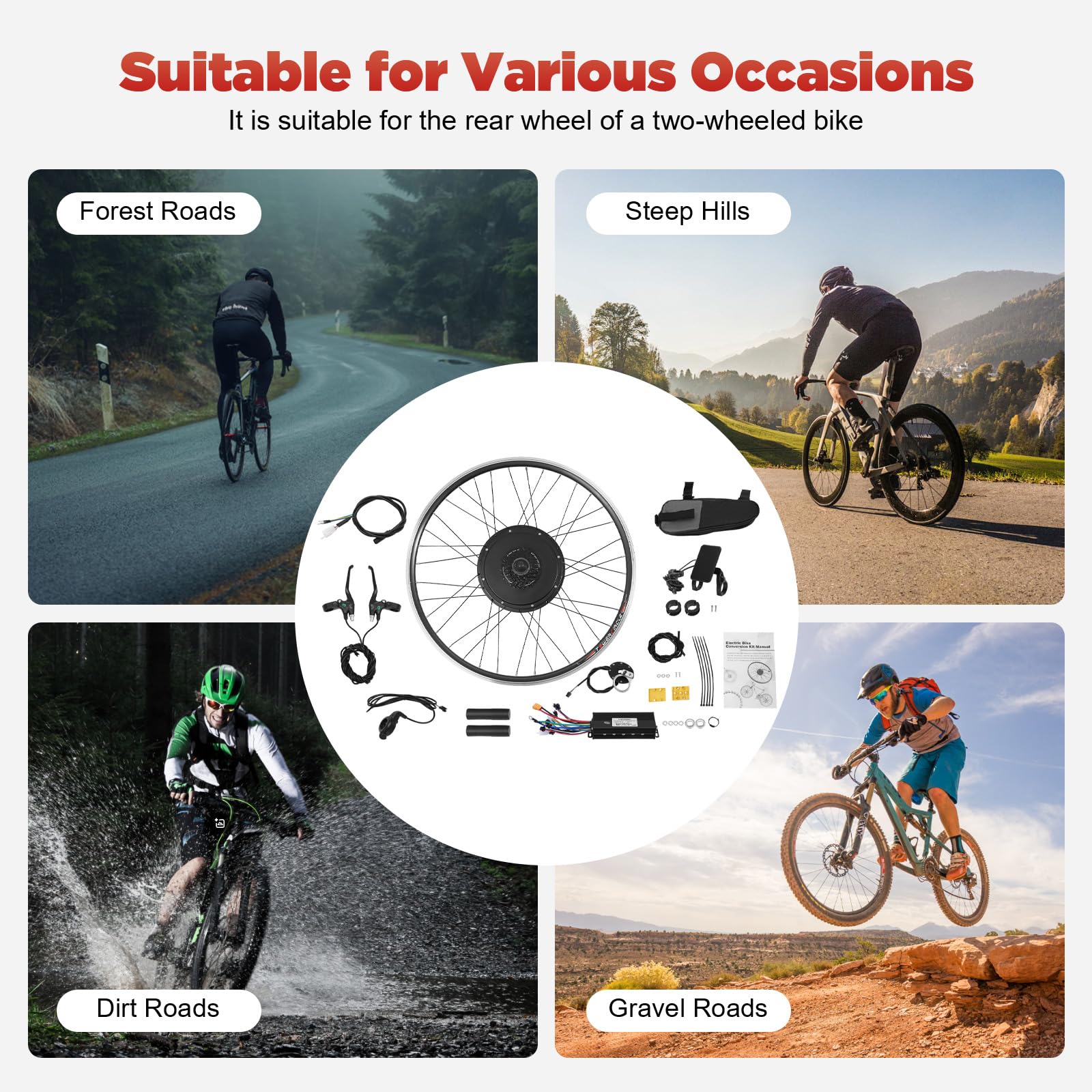 DCEHKR E-Bike Conversion Kits 48V Electric Bike Rear Hub Conversion Kit with Brushless and Gearless Motor 1000W Electric Bicycle Conversion Kits Suitable for 28-inch, 29-inch Rear Wheel Ebike