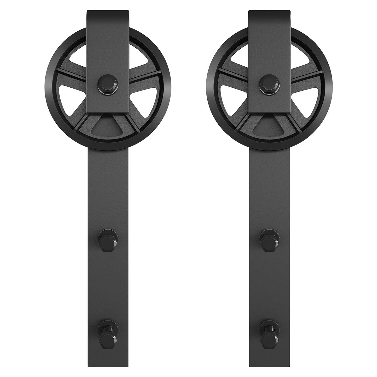 SMARTSTANDARD Sliding Barn Door Hardware Hangers 2pcs with Heavy Duty 12" Pull and Flush Barn Door Handle 1pc (Black) (Big Wheel Hangers)