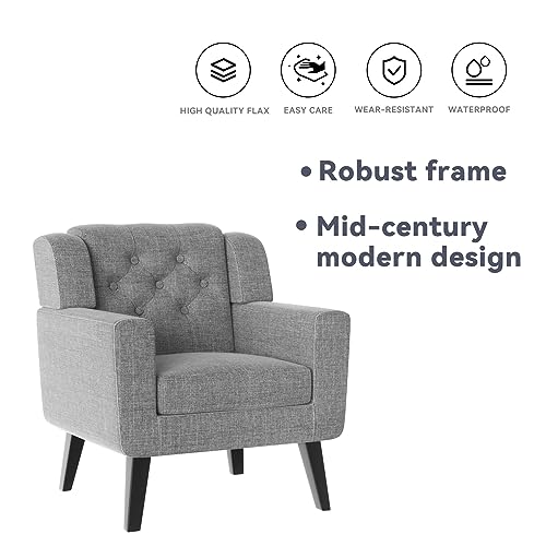 Accent Chair Living Room Chairs Single Sofa Chair, Accent Chairs Arm Chairs with Button Tufted Linen Fabric, Mid Century Accent Arm Chairs Comfy Reading Lounge Club Armchair for Bedroom Office Study