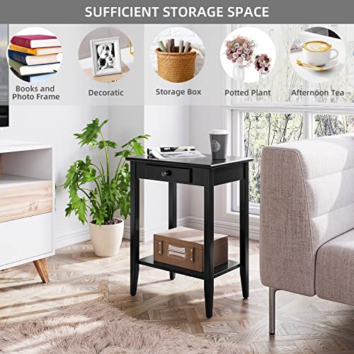 IDEALHOUSE Black End Table with Drawer, Side Table for Living Room Bedroom, Wood Nightstand with Shelf, 2-Tier Storage Bedside Table Accent Table Small Table for Small Places