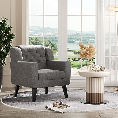 Accent Chair Living Room Chairs Single Sofa Chair, Accent Chairs Arm Chairs with Button Tufted Linen Fabric, Mid Century Accent Arm Chairs Comfy Reading Lounge Club Armchair for Bedroom Office Study