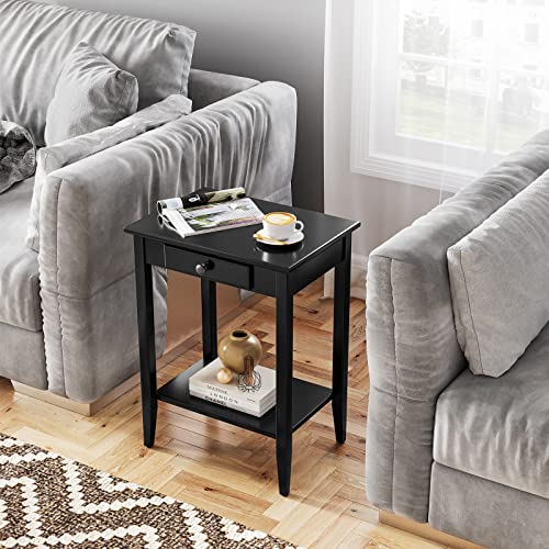 IDEALHOUSE Black End Table with Drawer, Side Table for Living Room Bedroom, Wood Nightstand with Shelf, 2-Tier Storage Bedside Table Accent Table Small Table for Small Places