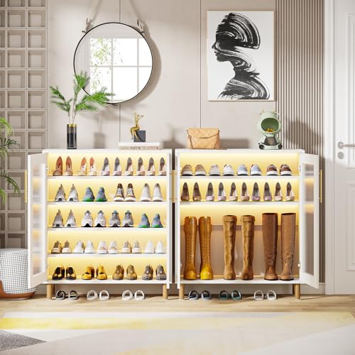 Tribesigns Shoe Cabinet with Acrylic Doors and LED Light, 24 Pairs Entryway Shoe Organizer Storage Rack with 5-Tier Adjustable Shelves for Narrow Closet, Hallway, Living Room (White & Gold)