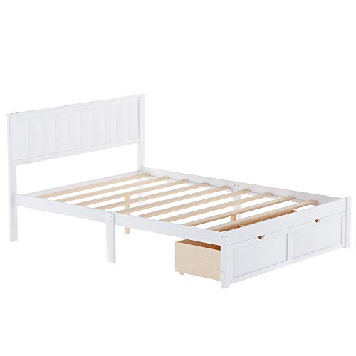 FIQHOME Twin Size Platform Bed with Under-Bed Drawer,Bed Frame with 1 Storage Drawers,Simple Style Wood Twin Bed Frame,No Box Spring Needed,White