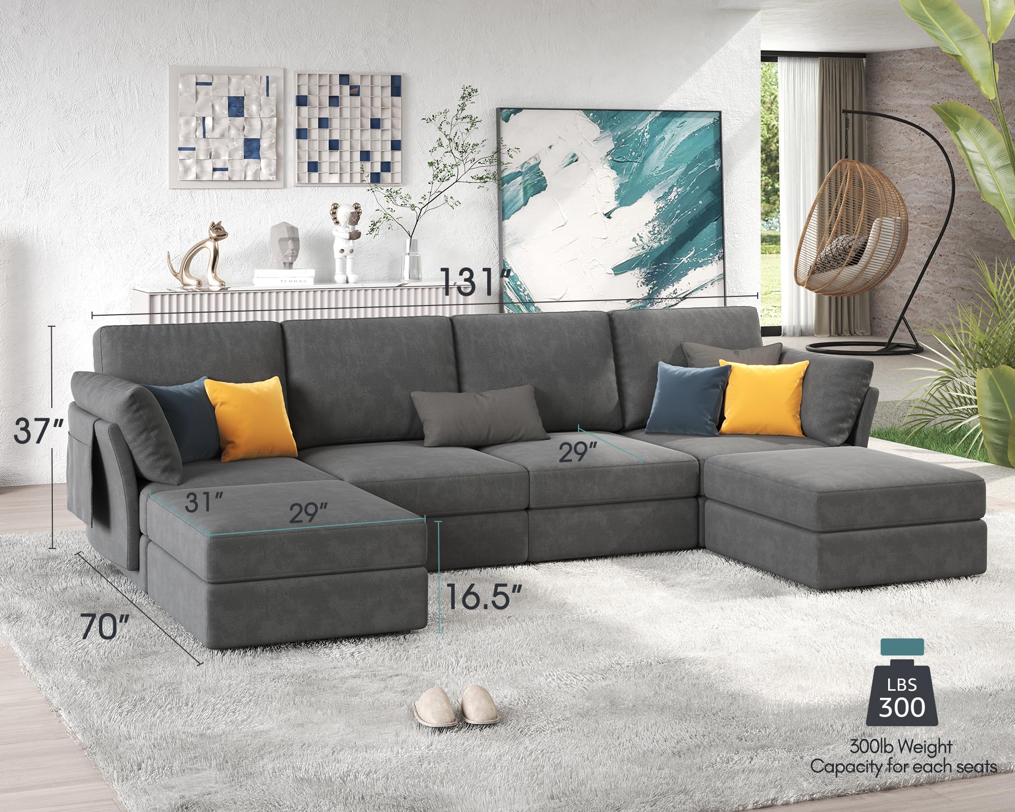 VanAcc 131 Inches Modular Sectional Sofa, Oversized Sectional Sofa with Storage, Ottomans, 6 Seats U Shaped Sofa- Chenille Gray