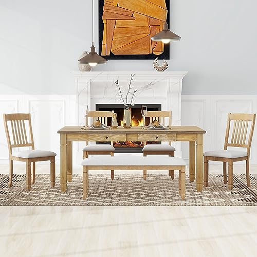 72'L Rectangular Dining Table Set for 6, Wooden Kitchen Table Set with 4 Drawers, 4 Upholstered Chairs & 1 Bench 6-Piece Retro Dining Room Table Set Kitchen Furniture Set for Family, Natural Wood Wash